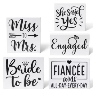 watinc engagement party centerpieces decorations - 5pcs miss to mrs engaged wood sign tables decor, sweet engagement tabletop tiered tray gift for bridal shower bachelorette betrothal party (black & white)