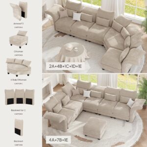 LLappuil 6 Seater Sectional Sofa U Shaped Modular Couches Deep Seated Modular Sofas for Living Room with Ottoman, Adjustable Armrest Backrest,Luxury Chenille, Khaki