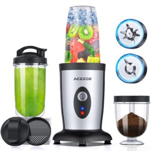 acezoe 850w personal blender for shakes and smoothies, 5 in 1 blenders for kitchen, with 6 fins blade, 2x500ml portable bottle, 1 grinding cup, for fruit, juice, vegatable, easy to clean-silver