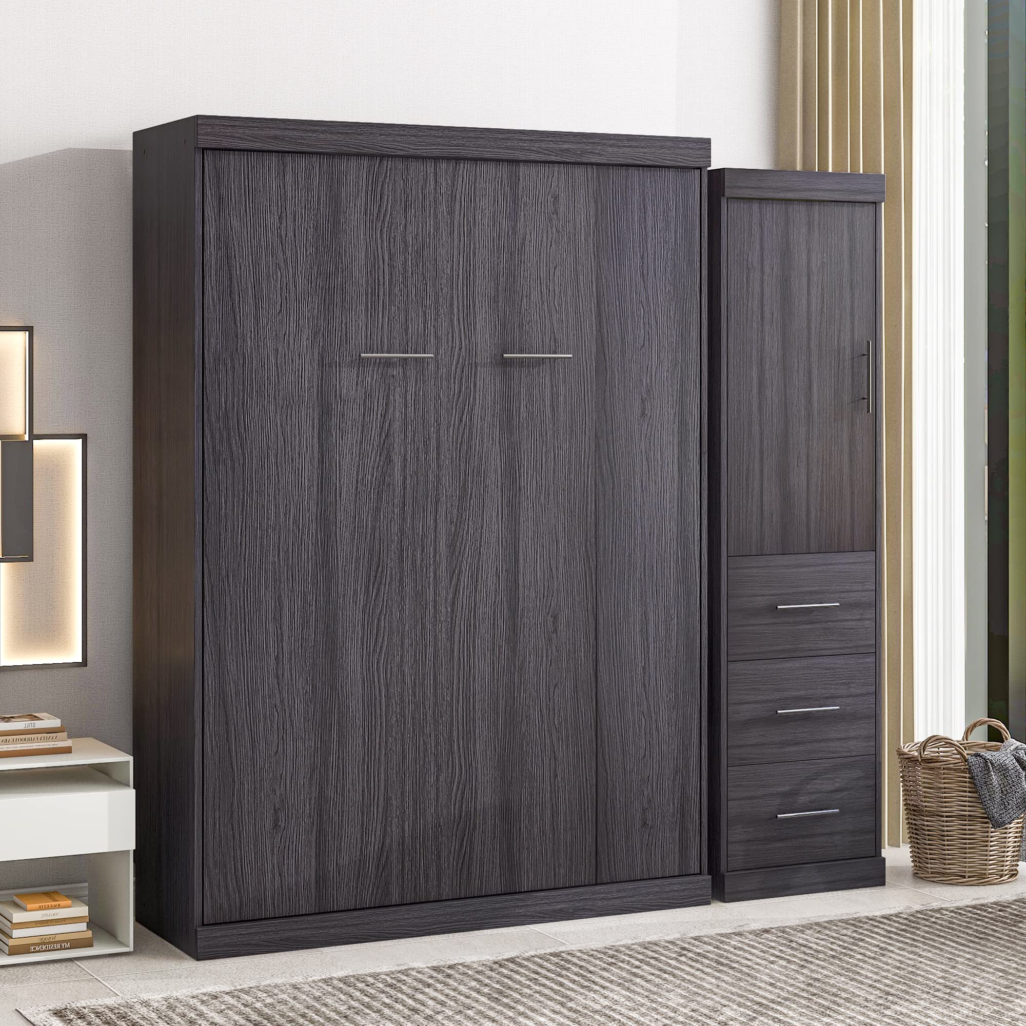 YOPTO Full Size Murphy Bed with 1 Wardrobe and 3 Drawers,Storage-Bed,can be Folded into a Cabinet,No Spring Box Needed,Bedroom Furniture for Children,Teens,Adults,Gray