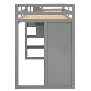 DEYOBED Twin Size Loft Bed with 2 Wardrobes and Stairs, Solid Wood Multi-Functional Loft Bed Frame with 2 Storage Drawers and 3 Shelves for Kids Boys Girls Bedroom, No Box Spring Needed, Gray