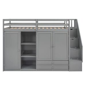 DEYOBED Twin Size Loft Bed with 2 Wardrobes and Stairs, Solid Wood Multi-Functional Loft Bed Frame with 2 Storage Drawers and 3 Shelves for Kids Boys Girls Bedroom, No Box Spring Needed, Gray