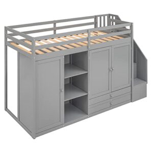 DEYOBED Twin Size Loft Bed with 2 Wardrobes and Stairs, Solid Wood Multi-Functional Loft Bed Frame with 2 Storage Drawers and 3 Shelves for Kids Boys Girls Bedroom, No Box Spring Needed, Gray