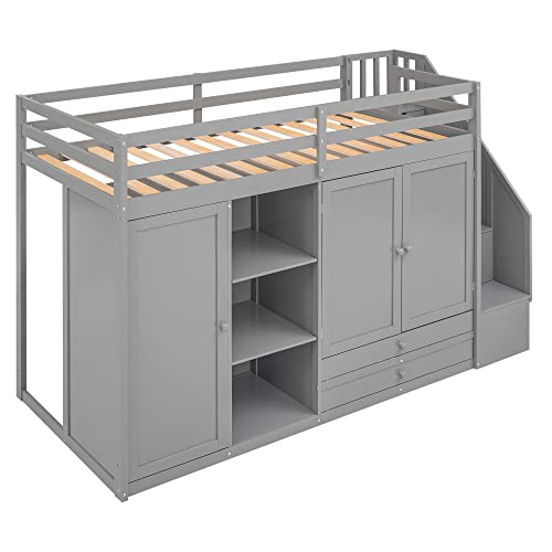 DEYOBED Twin Size Loft Bed with 2 Wardrobes and Stairs, Solid Wood Multi-Functional Loft Bed Frame with 2 Storage Drawers and 3 Shelves for Kids Boys Girls Bedroom, No Box Spring Needed, Gray