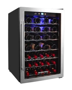 hamilton beach hbwf4303, 43-bottle wine cooler fridge cellar with curved wire shelves, digital control, mirror finish