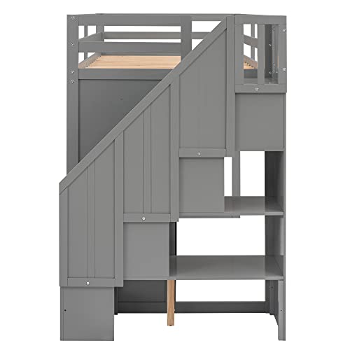 DEYOBED Twin Size Loft Bed with 2 Wardrobes and Stairs, Solid Wood Multi-Functional Loft Bed Frame with 2 Storage Drawers and 3 Shelves for Kids Boys Girls Bedroom, No Box Spring Needed, Gray