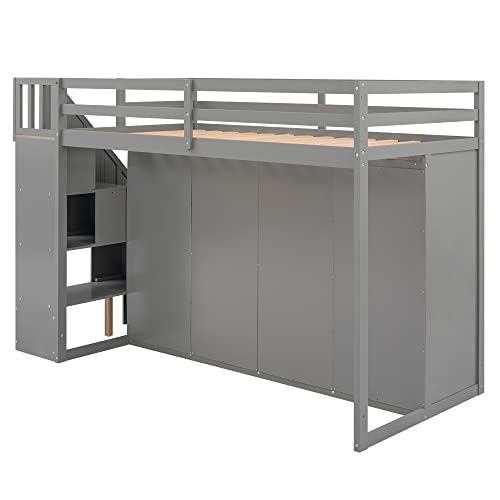 DEYOBED Twin Size Loft Bed with 2 Wardrobes and Stairs, Solid Wood Multi-Functional Loft Bed Frame with 2 Storage Drawers and 3 Shelves for Kids Boys Girls Bedroom, No Box Spring Needed, Gray