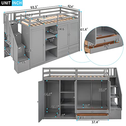 DEYOBED Twin Size Loft Bed with 2 Wardrobes and Stairs, Solid Wood Multi-Functional Loft Bed Frame with 2 Storage Drawers and 3 Shelves for Kids Boys Girls Bedroom, No Box Spring Needed, Gray