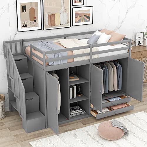 DEYOBED Twin Size Loft Bed with 2 Wardrobes and Stairs, Solid Wood Multi-Functional Loft Bed Frame with 2 Storage Drawers and 3 Shelves for Kids Boys Girls Bedroom, No Box Spring Needed, Gray