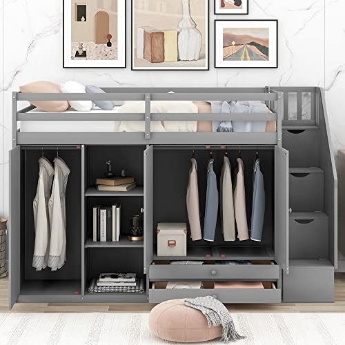 DEYOBED Twin Size Loft Bed with 2 Wardrobes and Stairs, Solid Wood Multi-Functional Loft Bed Frame with 2 Storage Drawers and 3 Shelves for Kids Boys Girls Bedroom, No Box Spring Needed, Gray