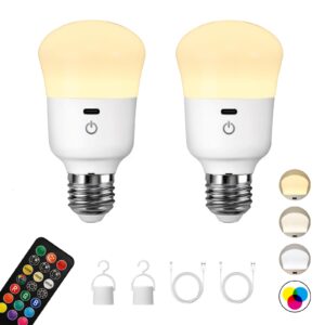 kartoosh rechargeable light bulb, with remote control, 50w equivalent, battery operated led bulbs, backup emergency light for home or outdoor, 3 color temperature, dim & rgb, timer, e26 base, 2 pack