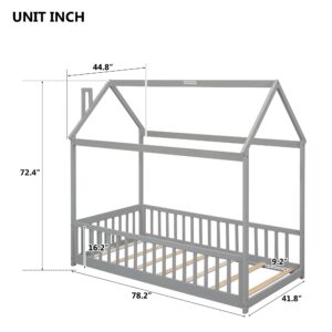 LLS Twin Floor Bed with Slats, Wooden Montessori Bed with Fence, House Bed Frame for Boys Girls Bedroom, Gray