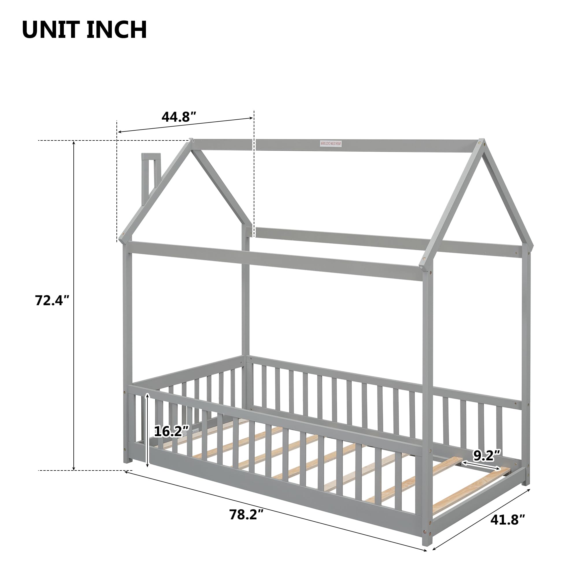 LLS Twin Floor Bed with Slats, Wooden Montessori Bed with Fence, House Bed Frame for Boys Girls Bedroom, Gray