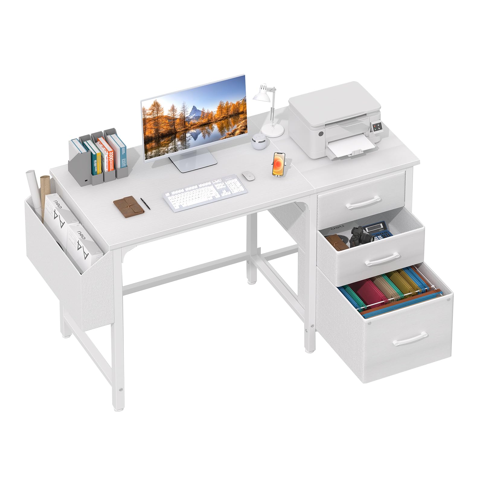 Lufeiya White Computer Desk with Fabric File Drawers Cabinet, 47 Inch Home Office Desks with Filing Cabinet for Small Space, Modern Writing Table PC Desks, White