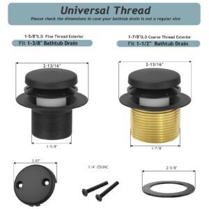 Tip-Toe Bathtub Drain Kit with Two-Hole Overflow Plate, Premium Quality Bath Tub Drain Replacement, Universal Fine/Coarse Thread Bathtub Stopper (Matte Black)