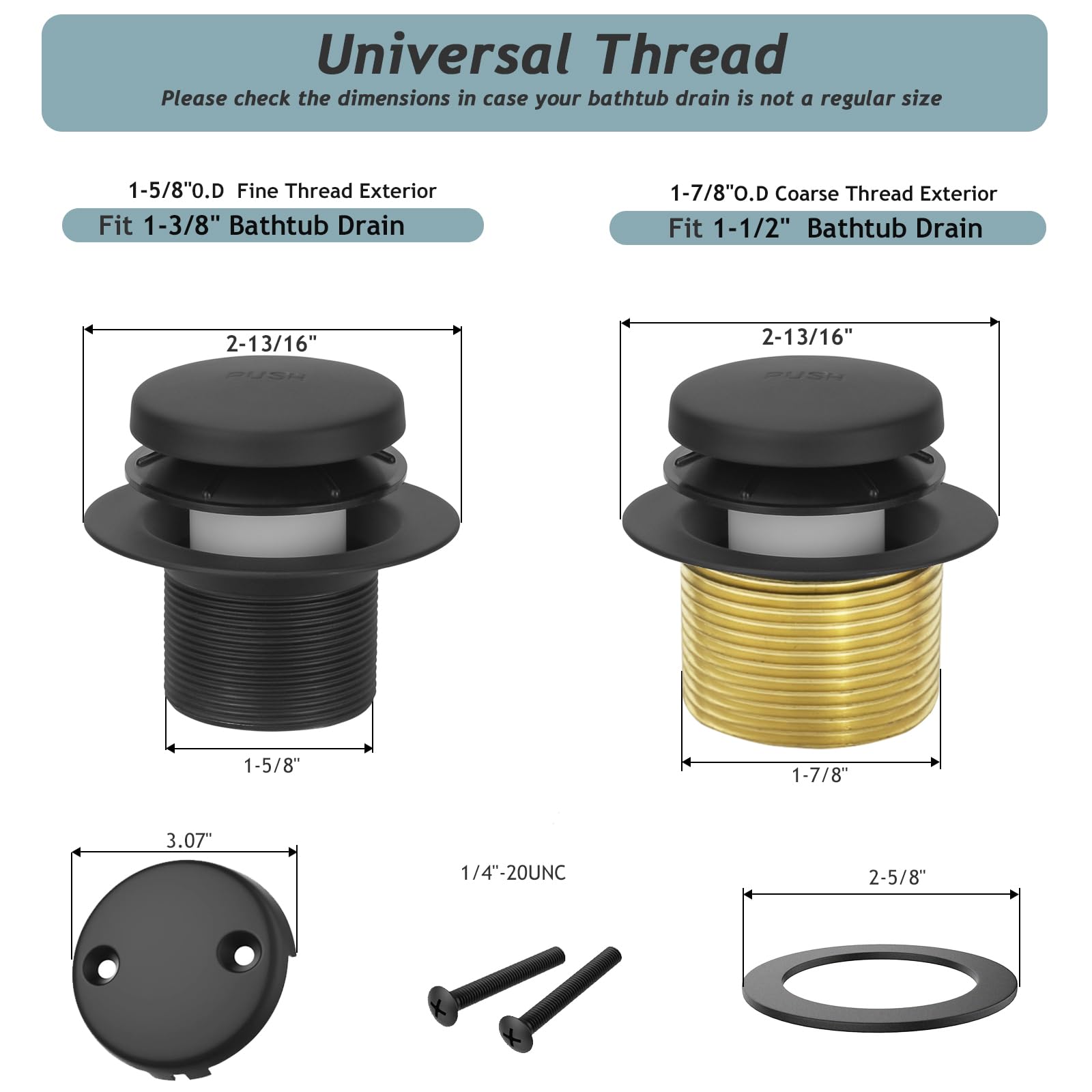 Tip-Toe Bathtub Drain Kit with Two-Hole Overflow Plate, Premium Quality Bath Tub Drain Replacement, Universal Fine/Coarse Thread Bathtub Stopper (Matte Black)