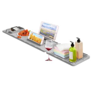 bath shelf over tub, silicone bathtub tray caddy, 35.4 * 6.5 inches bathtub table tray for adults, bath board with book stand and soap tray