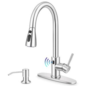 touchless kitchen sink faucet with pull down sprayer, herogo brushed nickel stainless steel smart activated kitchen faucet with soap dispenser, single handle motion sensor faucet for farmhouse rv sink