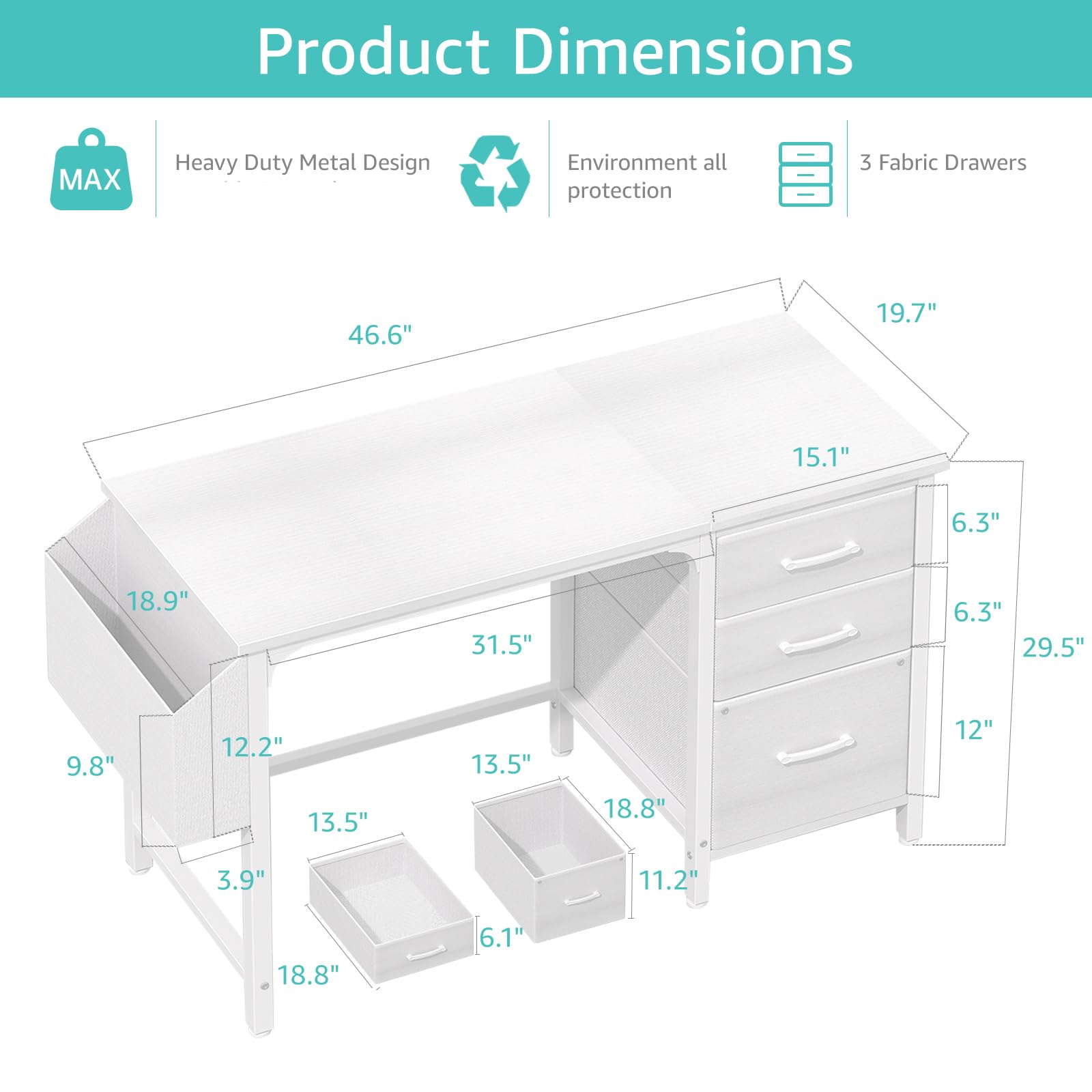 Lufeiya White Computer Desk with Fabric File Drawers Cabinet, 47 Inch Home Office Desks with Filing Cabinet for Small Space, Modern Writing Table PC Desks, White