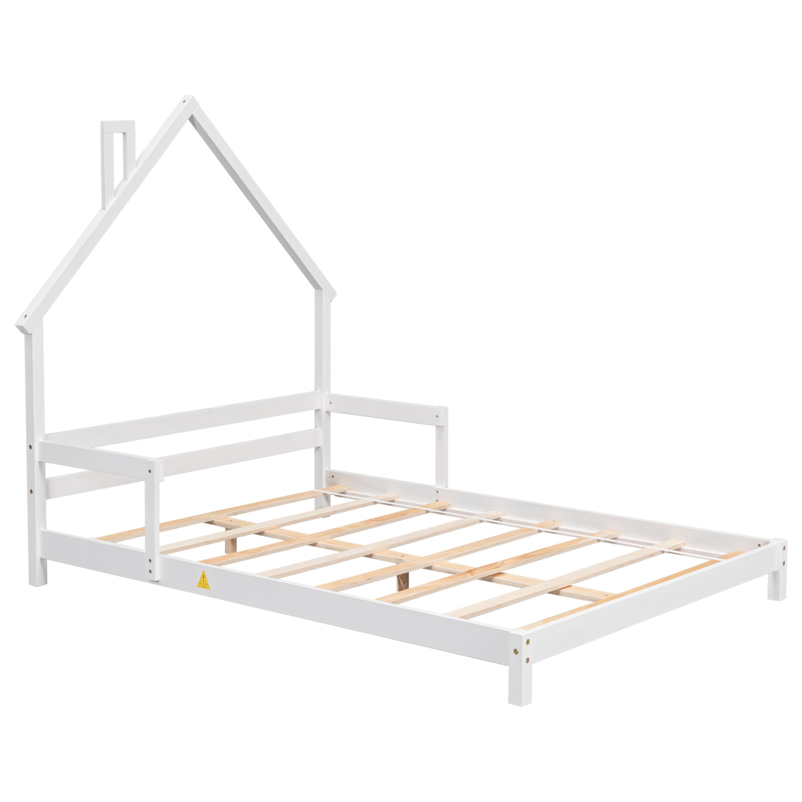 Floor Bed for Kids, Full Size Montessori Bed with House Shape Headboard, Wood House Bed with Slats for Boys Girls, Low Platform Bed, No Box Spring Needed, White