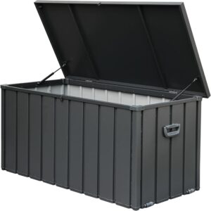 120 gallon deck box large steel outdoor storage box lockable deck storage container for patio furniture cushions garden tools pool supplies dark gray