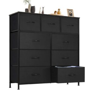 sweetcrispy dresser for bedroom, tall chest organizer units, 9 fabric drawers for clothing, closet, storage tower with cabinet, metal frame, wooden top, lightweight nursery furniture, black