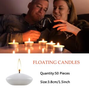 50 Pieces 1.5 Inch Valentine's Day Floating Candles, Unscented Floating Candles for Centerpieces Dripless Wax Discs for Wedding, Valentine's Party, Pool Party, Spa & Bathtub(White)