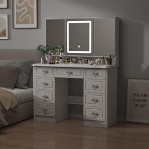 moumon large vanity desk with open mirror and lights, makeup desk with drawers and shelves, rose-shaped crystal handles, cushion stool not included, white (43.3”w x 18.1”d x 54.1”h)