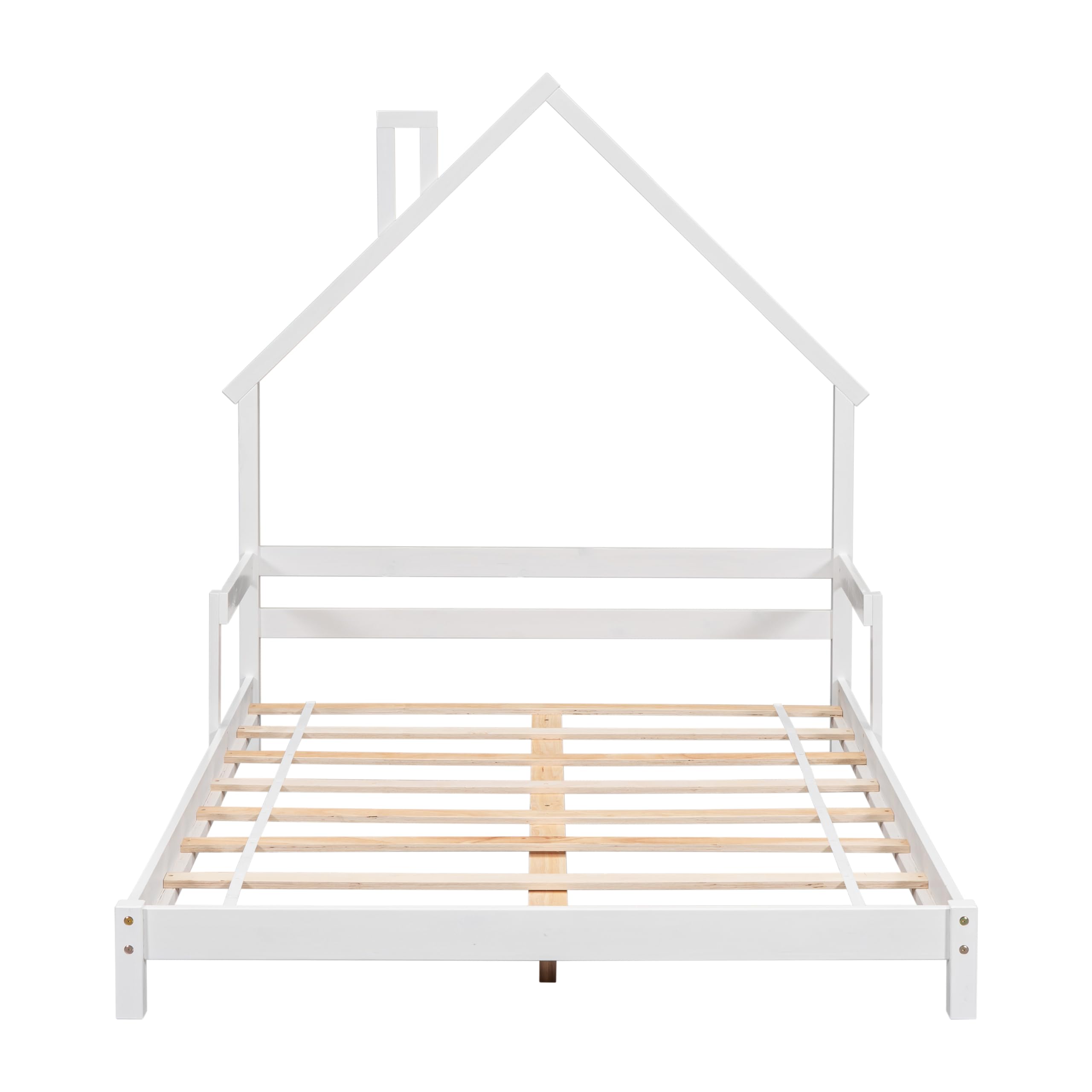 Floor Bed for Kids, Full Size Montessori Bed with House Shape Headboard, Wood House Bed with Slats for Boys Girls, Low Platform Bed, No Box Spring Needed, White