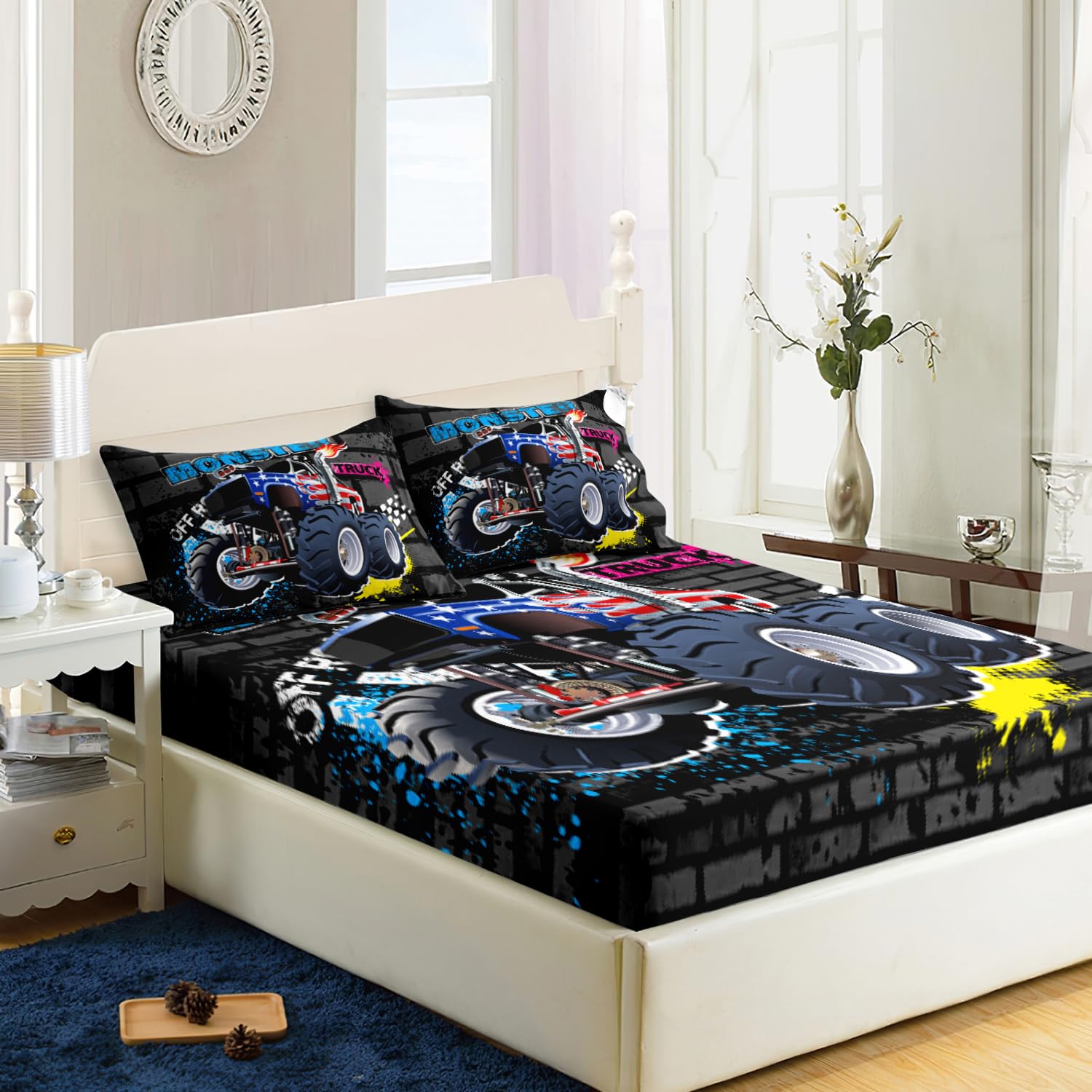 AILONEN Cartoon Monster Truck Fitted Sheet Set Full Size,Popular Large Monster Truck Bed Sheet Set,Cartoon Car Bed Sheet Set for Boys Kids Truck Sheet Set 3 Pieces, 1 Fitted Sheet and 2 Pillowcases