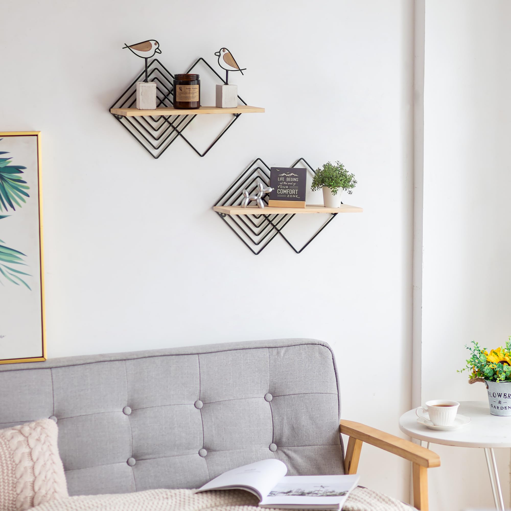 Walasis Wall Shelf Floating Bedroom Decor - Decorative Shelves for Living Room Unique Geometric Display Wall Shelving Wood and Metal Storage Shelf for Office Hallway