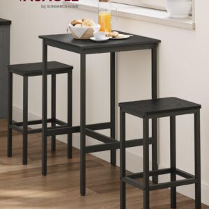 VASAGLE Bar Table and Chairs Set, Square Bar Table with 2 Bar Stools, Dining Pub Bar Table Set for 2, Space Saving for Kitchen Breakfast, Living Room, Party Room, Ebony Black and Ink Black