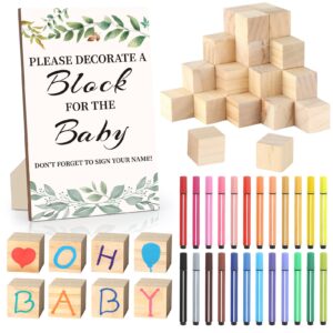 wookidel baby shower game sign kit with 50 blank wooden baby blocks, 24 acrylic paint marker and wooden baby shower sign, baby shower game set for baby shower prize, gender reveals party(woodland)