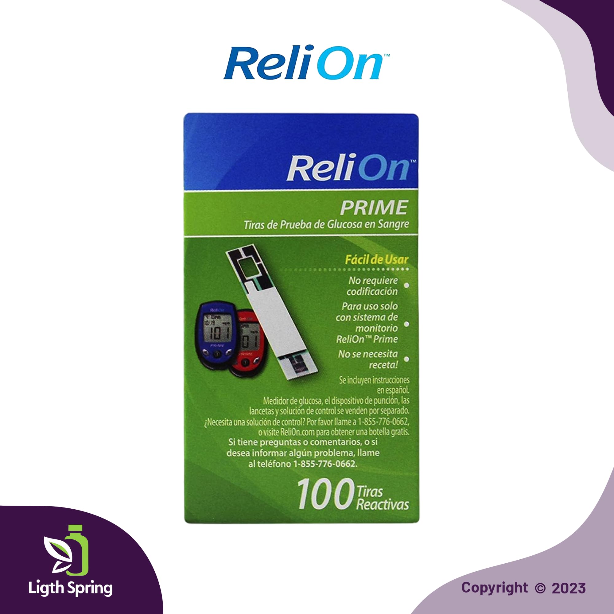 ReliOn Prime Blood Glucose Test Strips, 100 Ct Bundle with Exclusive Living Well with Diabetes: Your Health, Your Priority - Better Light&Spring Guide (2 Items)