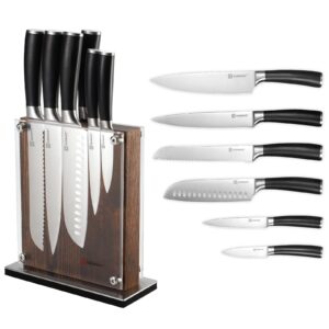 keemake kitchen knife block set - 7pcs kitchen knives with magnetic knife holder, high carbon stainless steel chef knife set with block, ultra sharp knives set for kitchen with ergonomic handle