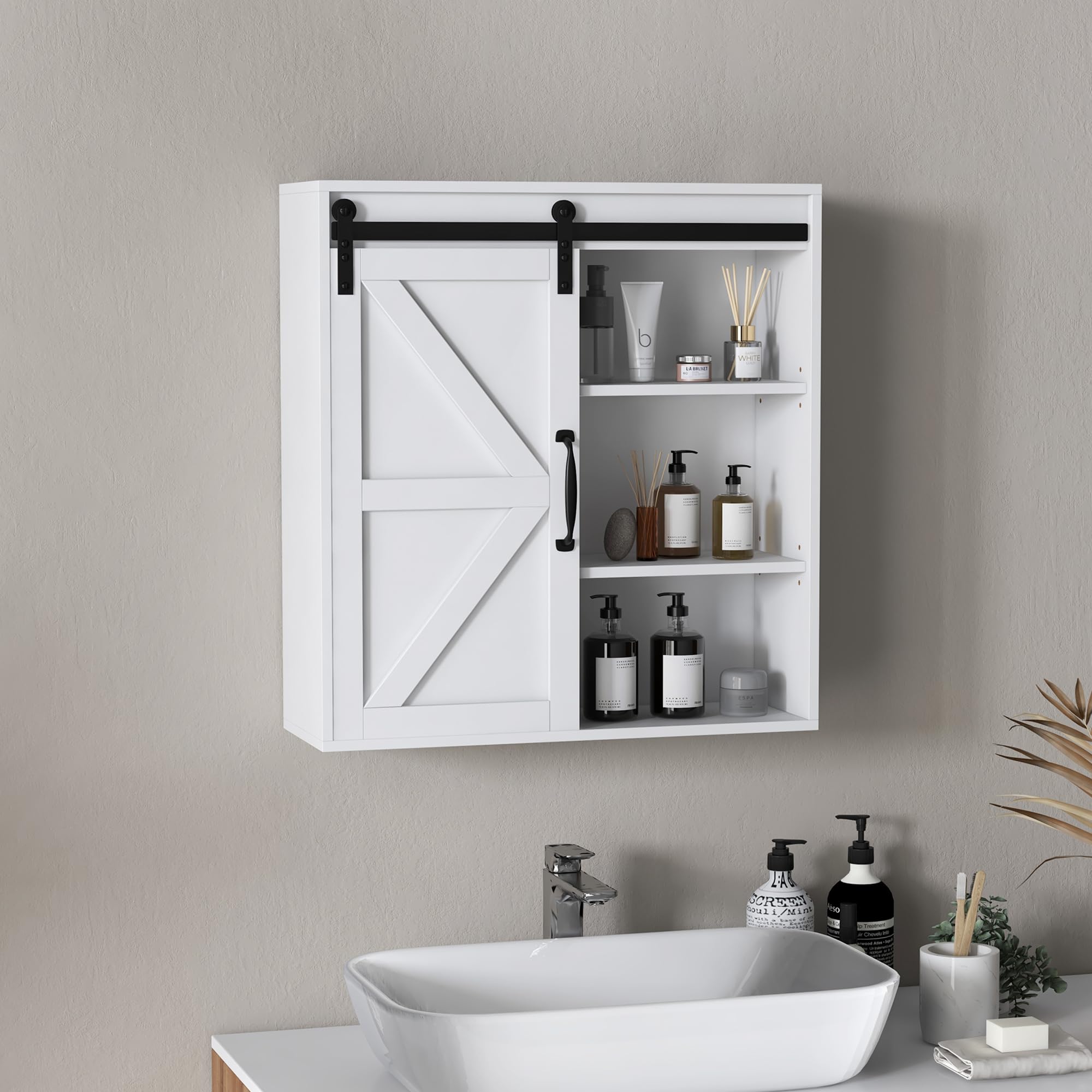 kleankin Medicine Cabinet, Farmhouse Bathroom Wall Cabinet with Sliding Barn Door and Adjustable Shelf, Over The Toilet Cabinet, White