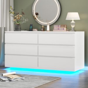 gyfimoie 6 drawer dresser with power outlet, floating white dresser chest of drawer with led light,modern double wide drawer organizer cabinet for bedroom,living room (white)