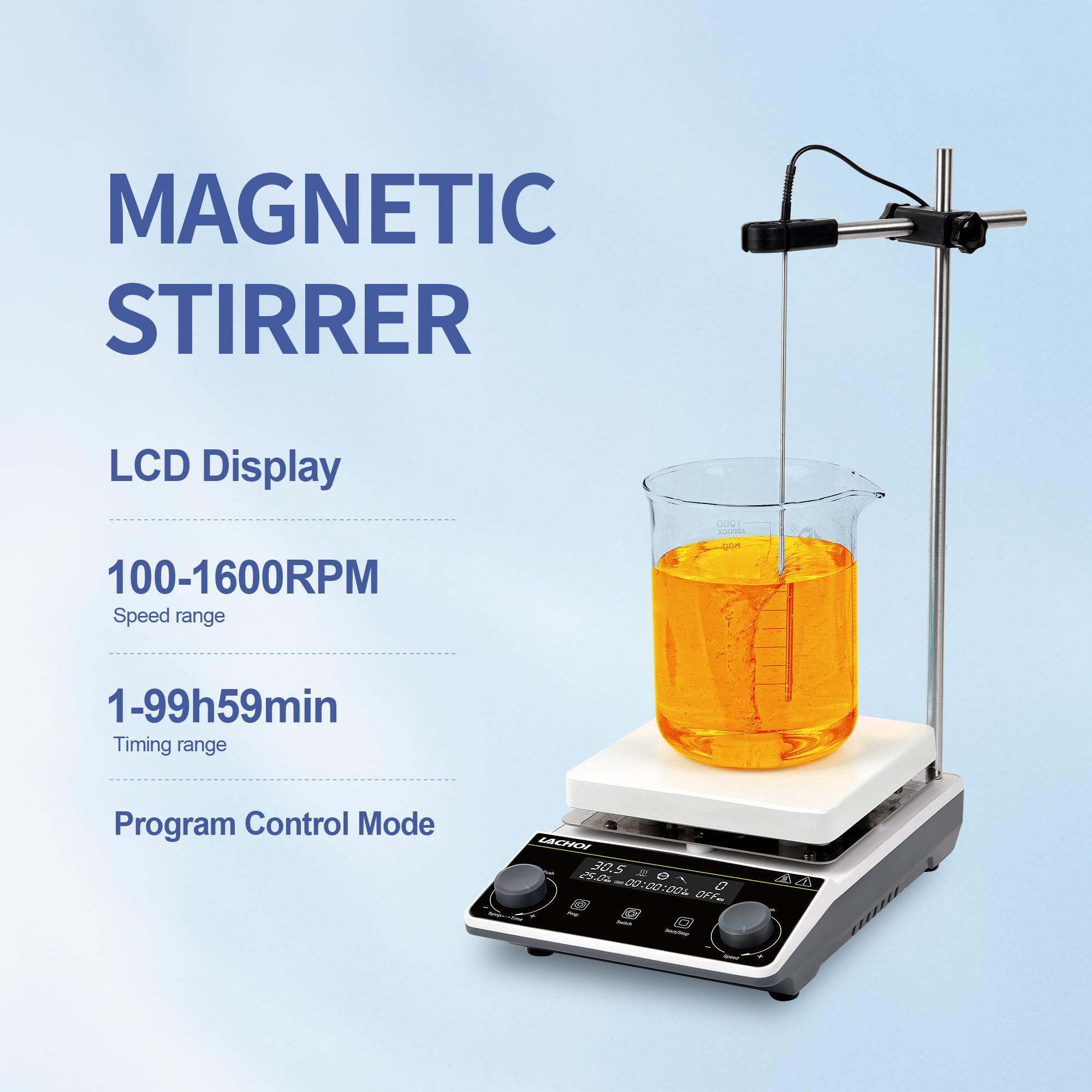 LACHOI Magnetic Stirrer Hot Plate Stirrer LCD Display 300℃ Max.5L 5.9inch Magnetic Stir Plate 1600RPM Magnetic Mixer Magnetic Hotplate Stirrer with Stir Bar&Temp Probe Senso,110V