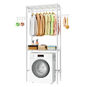 memobarco over washer and dryer shelves, 2 tiers metal clothes drying rack, laundry room bathroom organization, space saving freestanding closet organizer storage with wire shelves side hooks, white