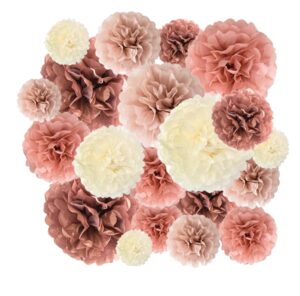 aimtohome party tissue paper pom poms 20 pcs tissue paper flowers decorations for birthday , wedding, bachelorette, bridal shower, graduations, baby shower decor (rose gold,dusty pink, coral, cream)