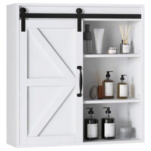 kleankin medicine cabinet, farmhouse bathroom wall cabinet with sliding barn door and adjustable shelf, over the toilet cabinet, white