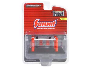 adjustable four-post lift summit racing equipment red and white four-post lifts series 5 1/64 diecast model by greenlight 16180b