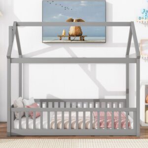 LLS Twin Floor Bed with Slats, Wooden Montessori Bed with Fence, House Bed Frame for Boys Girls Bedroom, Gray