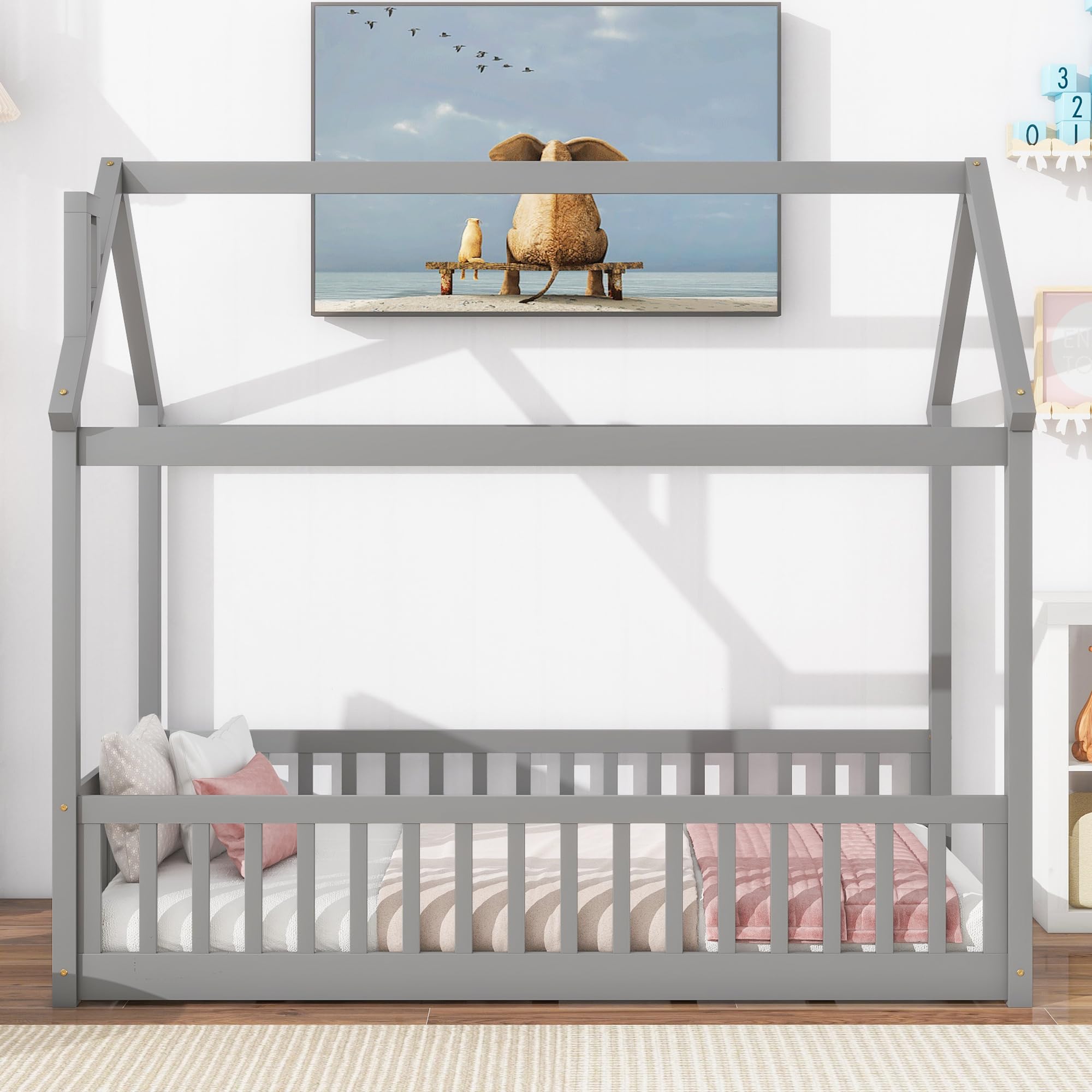 LLS Twin Floor Bed with Slats, Wooden Montessori Bed with Fence, House Bed Frame for Boys Girls Bedroom, Gray