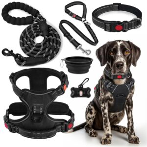 lobeve no pull dog harness, collar & leash set | includes dog seat belt, collapsible bowls & poop bag dispenser. ideal for training, walking, hiking. fits small to large dogs(black-m)