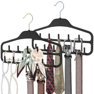 hakday 2pcs belt hanger rack holder,360 degree rotating tie rack with hooks,non slip rubberized belt organizer storage for belts ties tank tops scarves masks,black