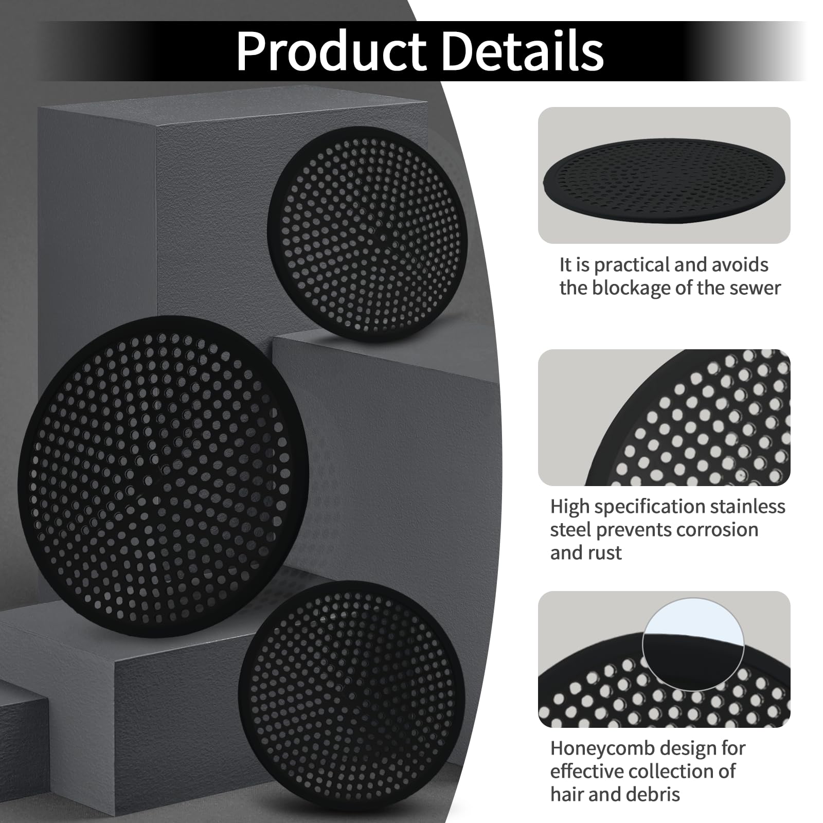 Jersvimc 2Pcs Satinless Steel Shower Drain Hair Cacher with Silica Gel, Black Shower Drain Strainer Bath Shower Drain Cover - 4.75"(120mm) Hair Stopper Floor Drain Protector