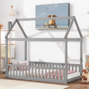 lls twin floor bed with slats, wooden montessori bed with fence, house bed frame for boys girls bedroom, gray