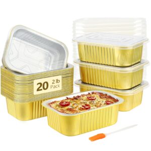 lnyzqus 30oz aluminum pans foil baking tins with lids 20 pack, 7"x5" bread loaf pan disposable cake tin,heavy duty foil leftover containers,deep to go containers holders for heating meal prep