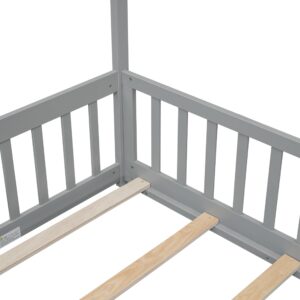 LLS Twin Floor Bed with Slats, Wooden Montessori Bed with Fence, House Bed Frame for Boys Girls Bedroom, Gray